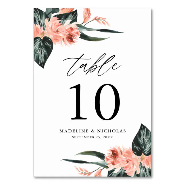 Watercolor Tropical Coral Flowers Wedding Table Number | Zazzle