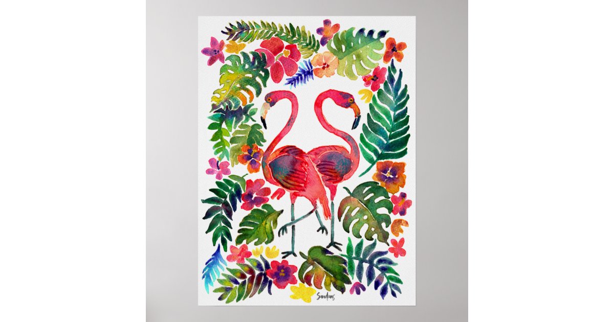 Watercolor Tropical Flamingos Poster | Zazzle
