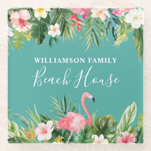 Watercolor Tropical Floral Family Name Beach House Glass Coaster | Zazzle