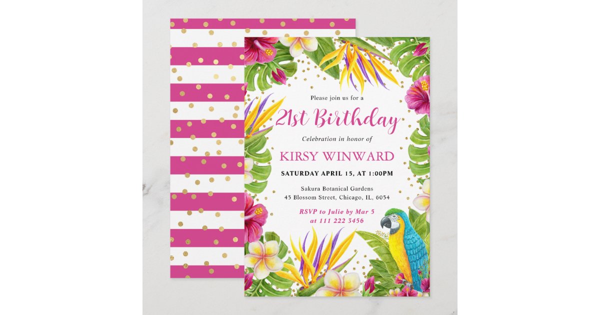 Watercolor Tropical Floral Frame Parrot Birthday Invitation | Zazzle