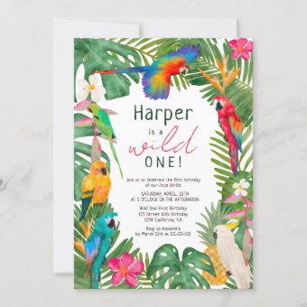 Watercolor tropical floral parrots 1st birthday invitation | Zazzle