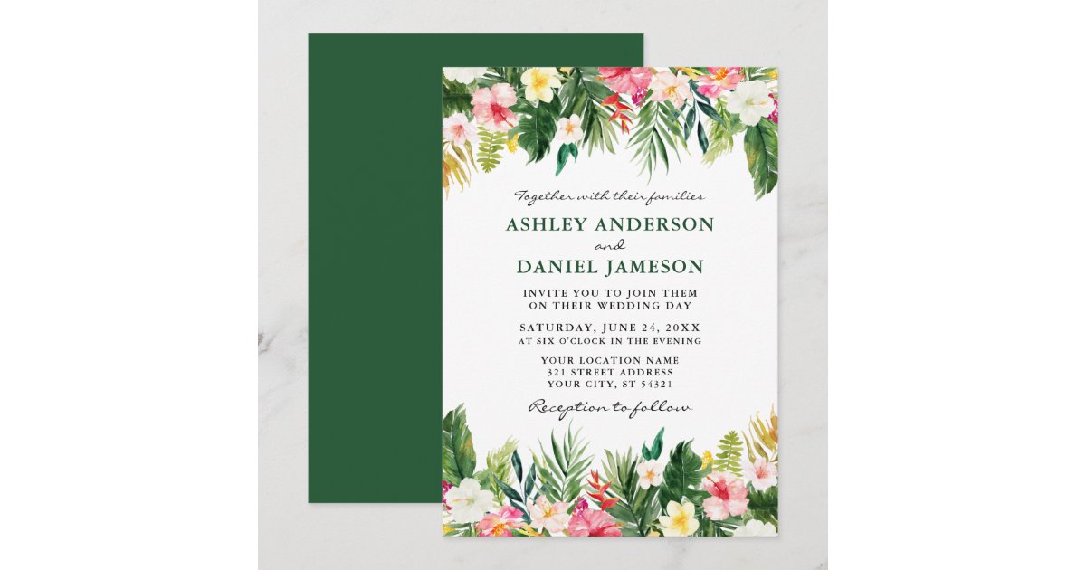 Watercolor Tropical Floral Wedding Green Invitation | Zazzle