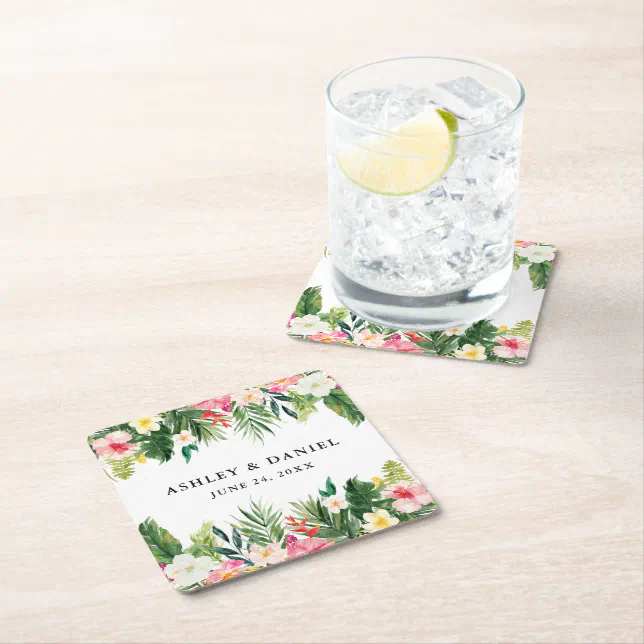 Watercolor Tropical Floral Wedding Square Paper Coaster | Zazzle
