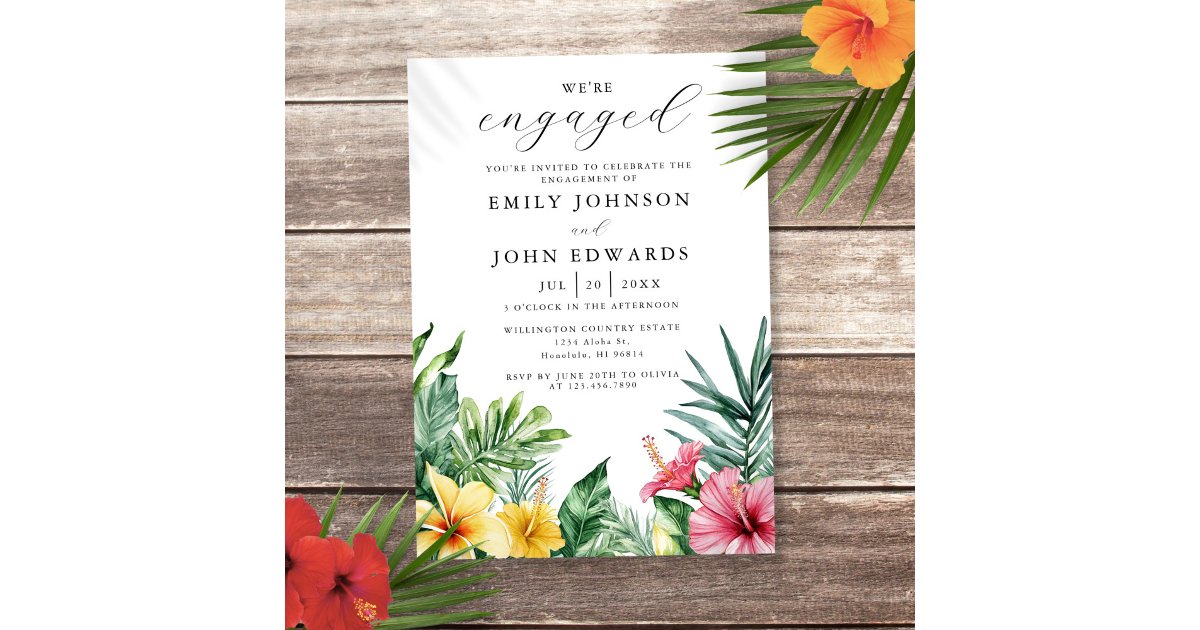 Watercolor Tropical Flowers Engagement Party Invitation | Zazzle