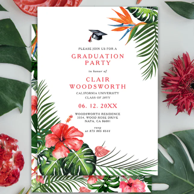 Watercolor Tropical Flowers Greenery Graduation Invitation | Zazzle
