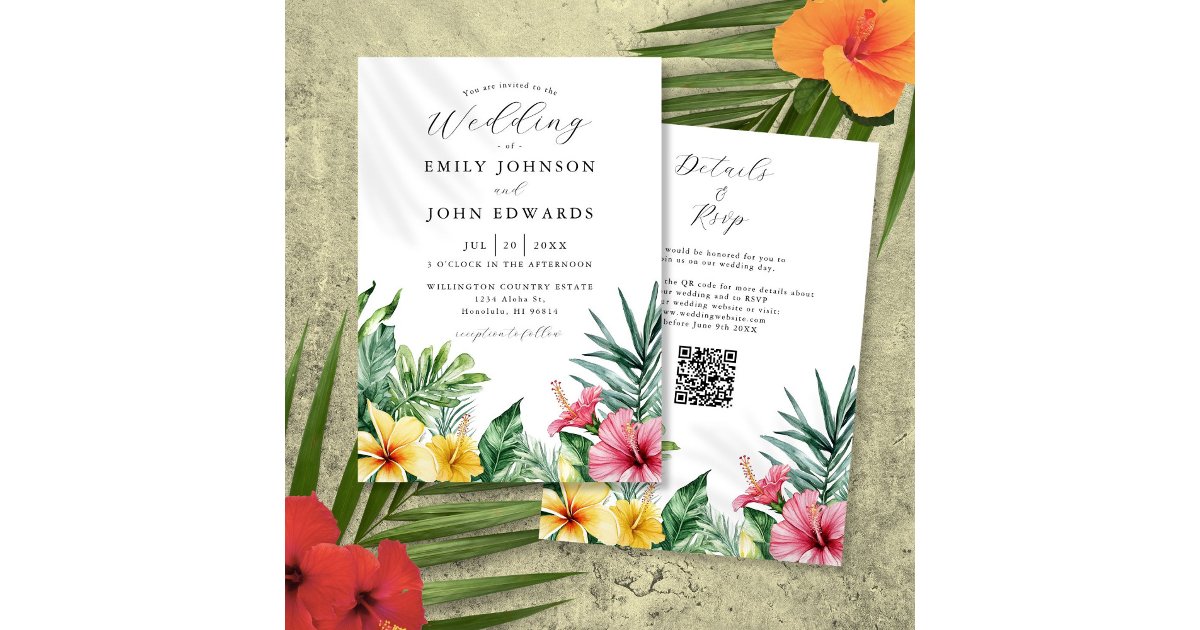 Watercolor Tropical Flowers QR Code Wedding Invitation | Zazzle