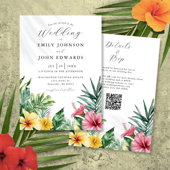Watercolor Tropical Flowers QR Code Wedding Invitation | Zazzle