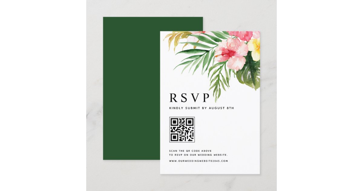 Watercolor Tropical Flowers QR Code Wedding RSVP Card | Zazzle