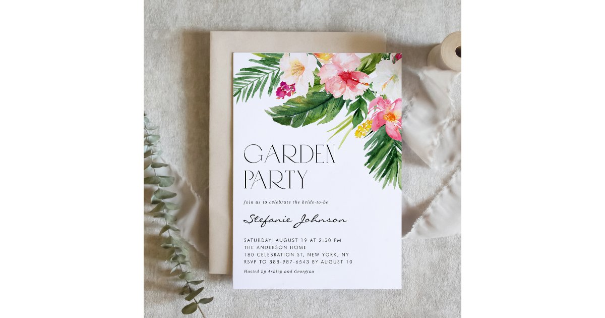 Watercolor Tropical Flowers Summer Garden Party Invitation | Zazzle
