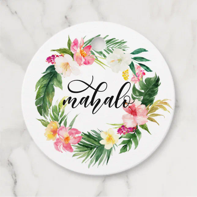 Watercolor Tropical Flowers Wreath Mahalo Favor Tags | Zazzle