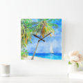 Watercolor Tropical Island Beach Palm Tree Square Wall Clock | Zazzle