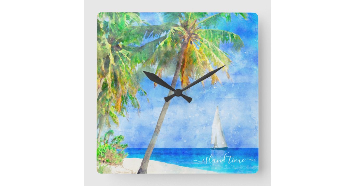 Watercolor Tropical Island Beach Palm Tree Square Wall Clock | Zazzle