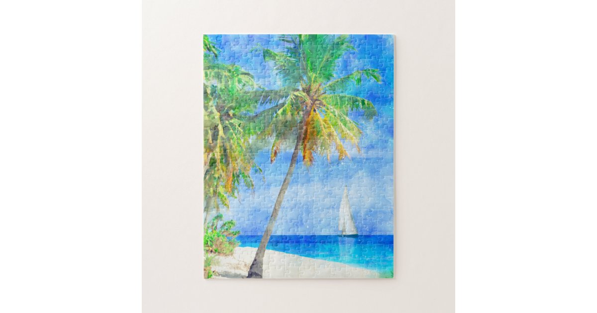 Watercolor Tropical Island Beach with Palm Tree Jigsaw Puzzle | Zazzle