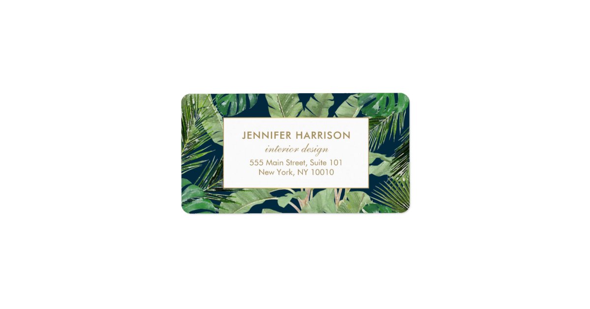 Watercolor Tropical Leaves Pattern on Dark Blue Label | Zazzle