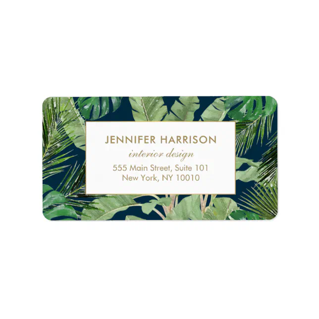 Watercolor Tropical Leaves Pattern on Dark Blue Label | Zazzle