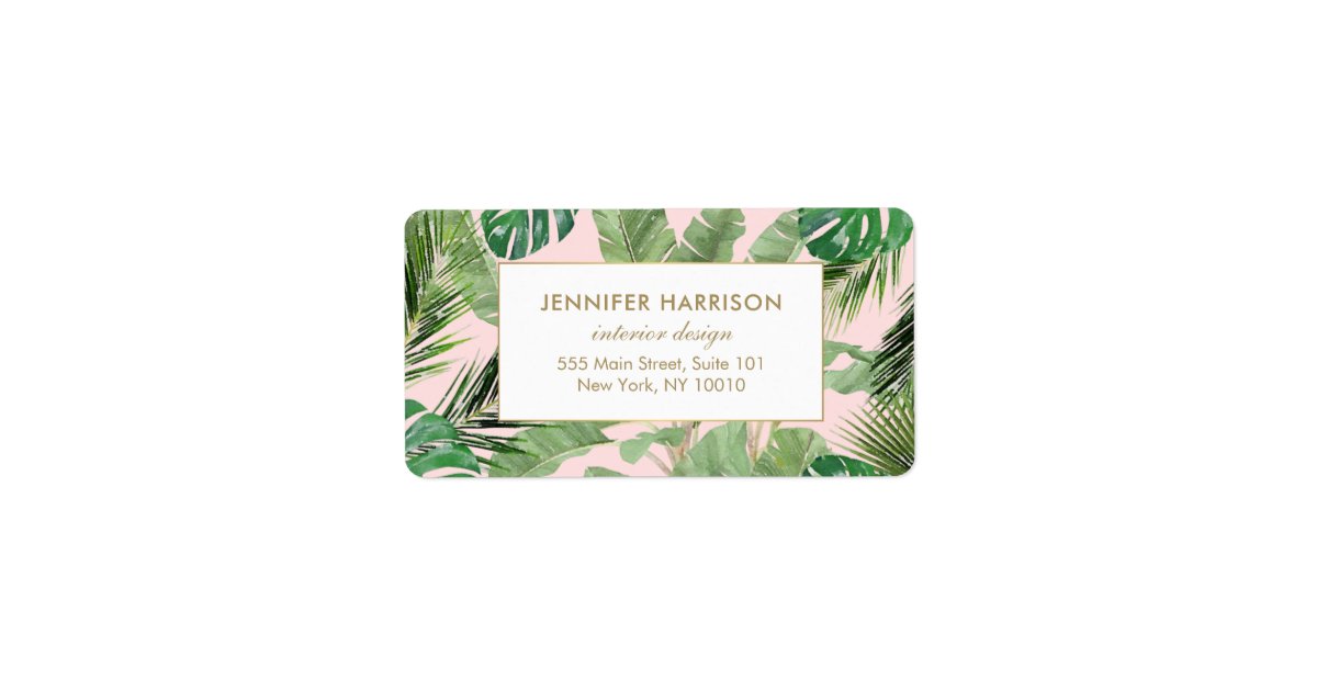Watercolor Tropical Leaves Pattern on Pink Label | Zazzle