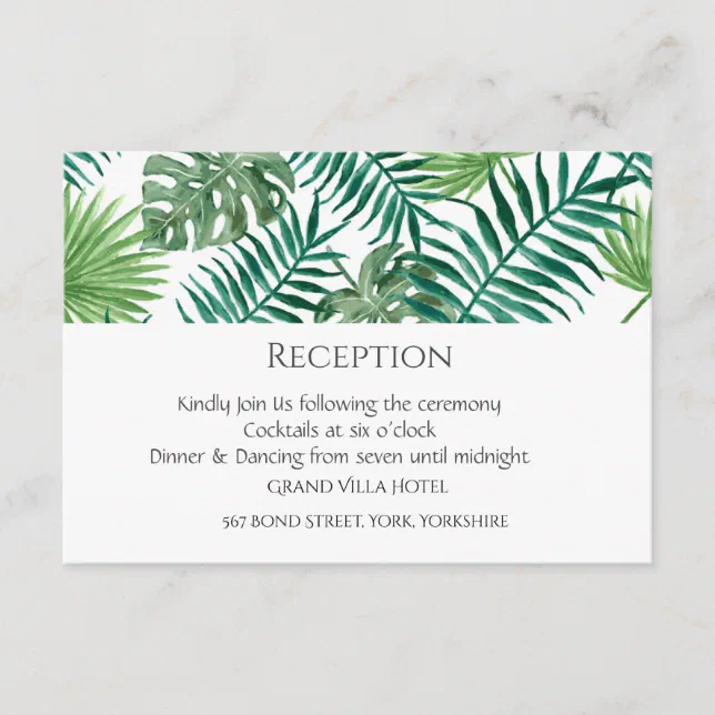 Watercolor Tropical Leaves Reception Card | Zazzle