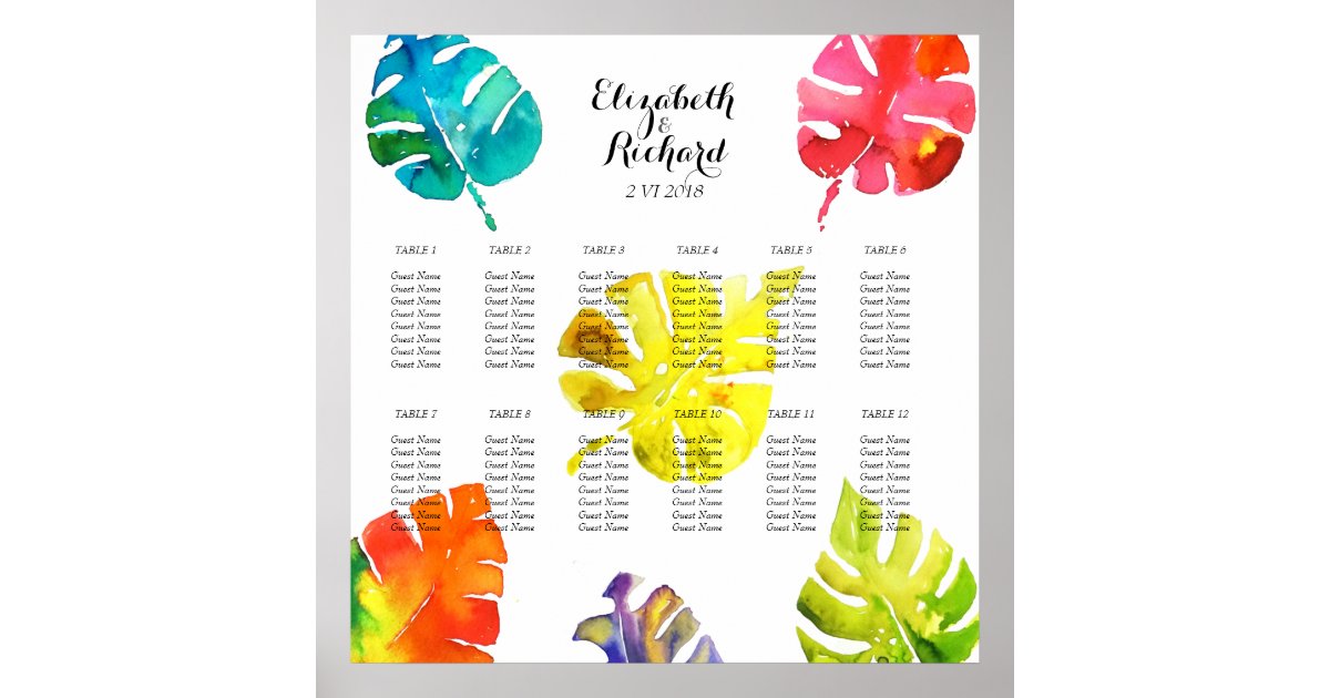 Watercolor Tropical Leaves wedding Seating Chart | Zazzle