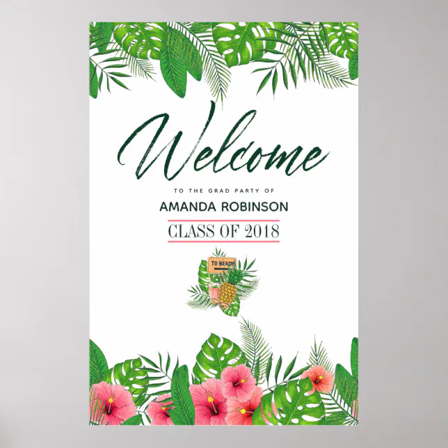 Watercolor tropical Luau Graduation Welcome Poster | Zazzle