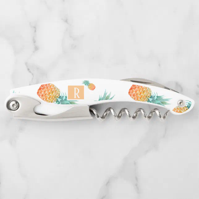 Watercolor Tropical Pineapple Monogram Bottle Waiter's Corkscrew | Zazzle