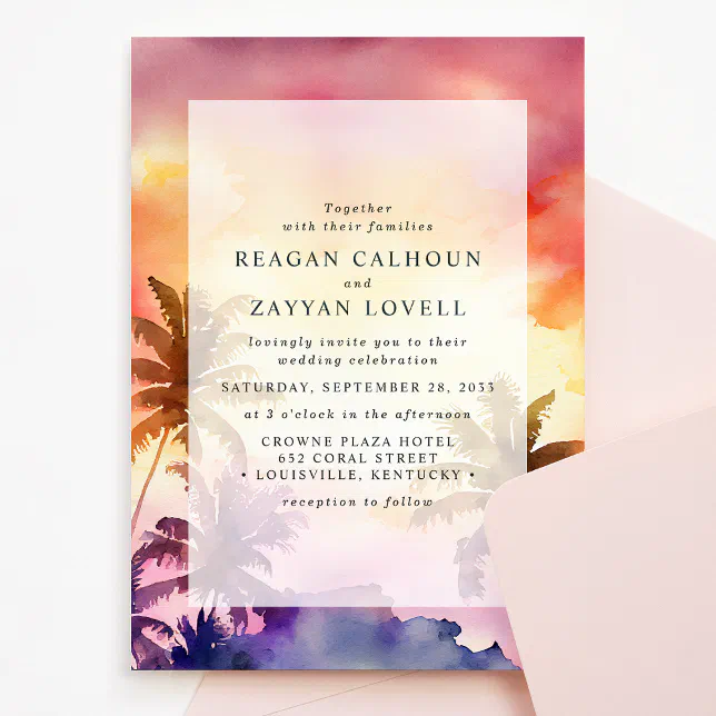 Watercolor Tropical Sunset Wedding Invitation | Zazzle