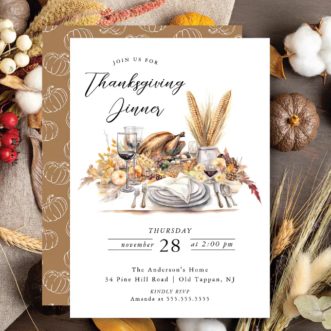 Watercolor Turkey Dinner Thanksgiving Invitation | Zazzle