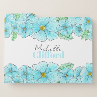 Watercolor Turquoise Blue Flowers and Greenery File Folder | Zazzle