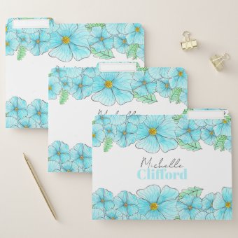 Watercolor Turquoise Blue Flowers and Greenery File Folder | Zazzle