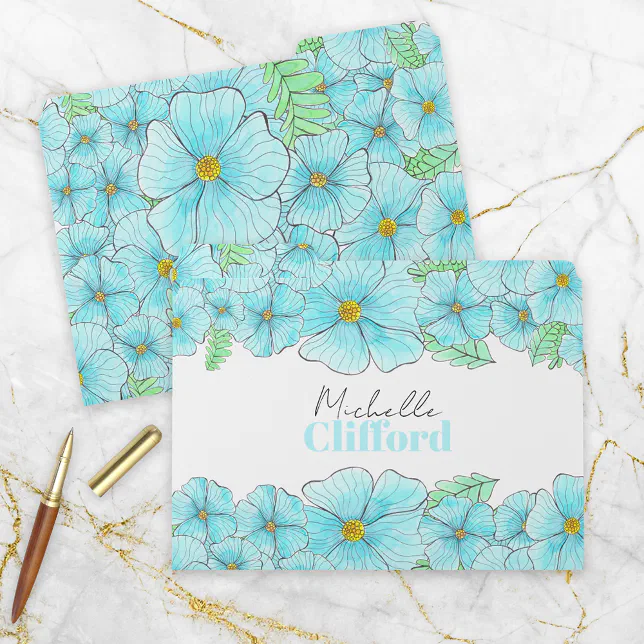 Watercolor Turquoise Blue Flowers and Greenery File Folder | Zazzle