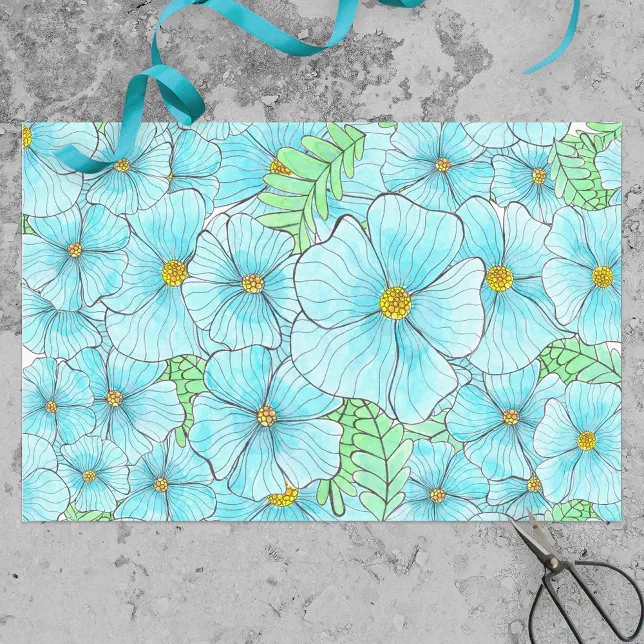 Watercolor Turquoise Blue Flowers and Greenery Tissue Paper | Zazzle