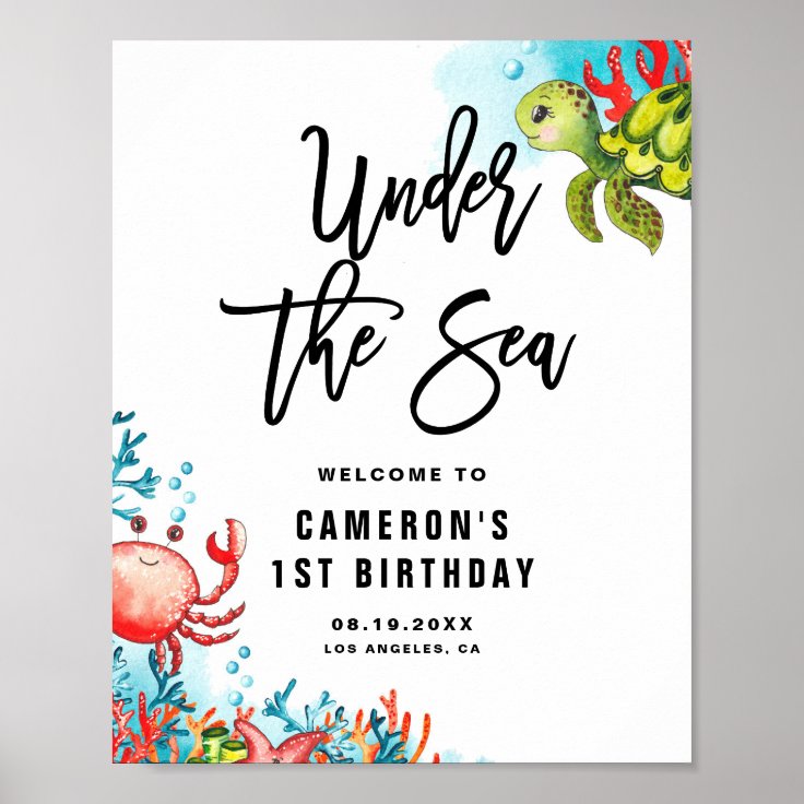 Watercolor Under the Sea Birthday Party Welcome Poster | Zazzle