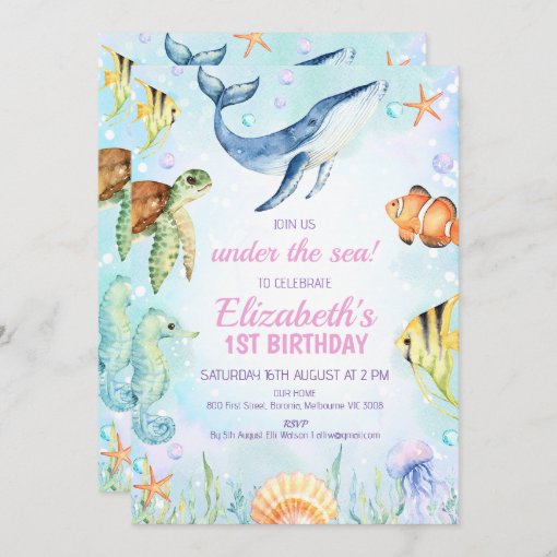 Watercolor Under the Sea Creatures 1st Birthday Invitation | Zazzle
