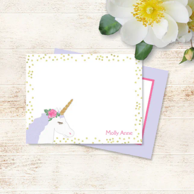 Watercolor Unicorn Pink Purple Gold Glitter Girly Note Card | Zazzle