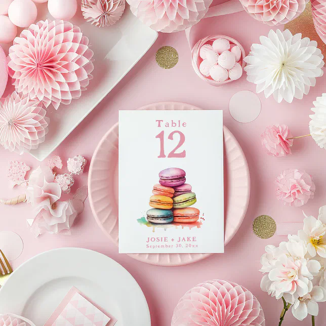 Watercolor vibrant macaroons Table Number card | Zazzle