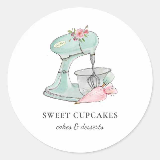Watercolor Vintage Cake mixer Bakery Classic Round Sticker | Zazzle