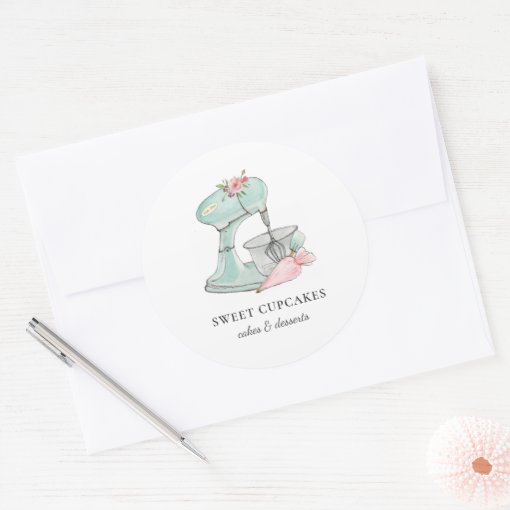 Watercolor Vintage Cake mixer Bakery Classic Round Sticker | Zazzle