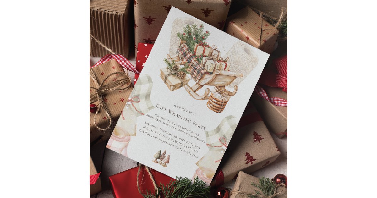 Watercolor Vintage Christmas Gift Wrapping Party Invitation | Zazzle