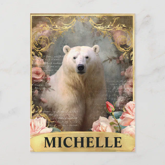 Watercolor Vintage Polar Bear and Pink Roses Postcard | Zazzle