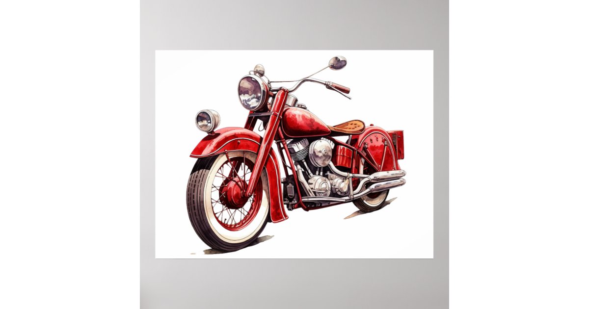 Watercolor Vintage Red Classic Motorcycle Poster | Zazzle