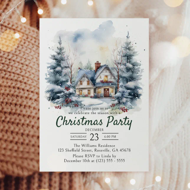 Watercolor Vintage Snowy Christmas Party Invitation | Zazzle
