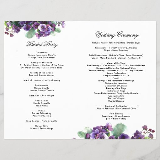 Watercolor viola flower wedding program | Zazzle