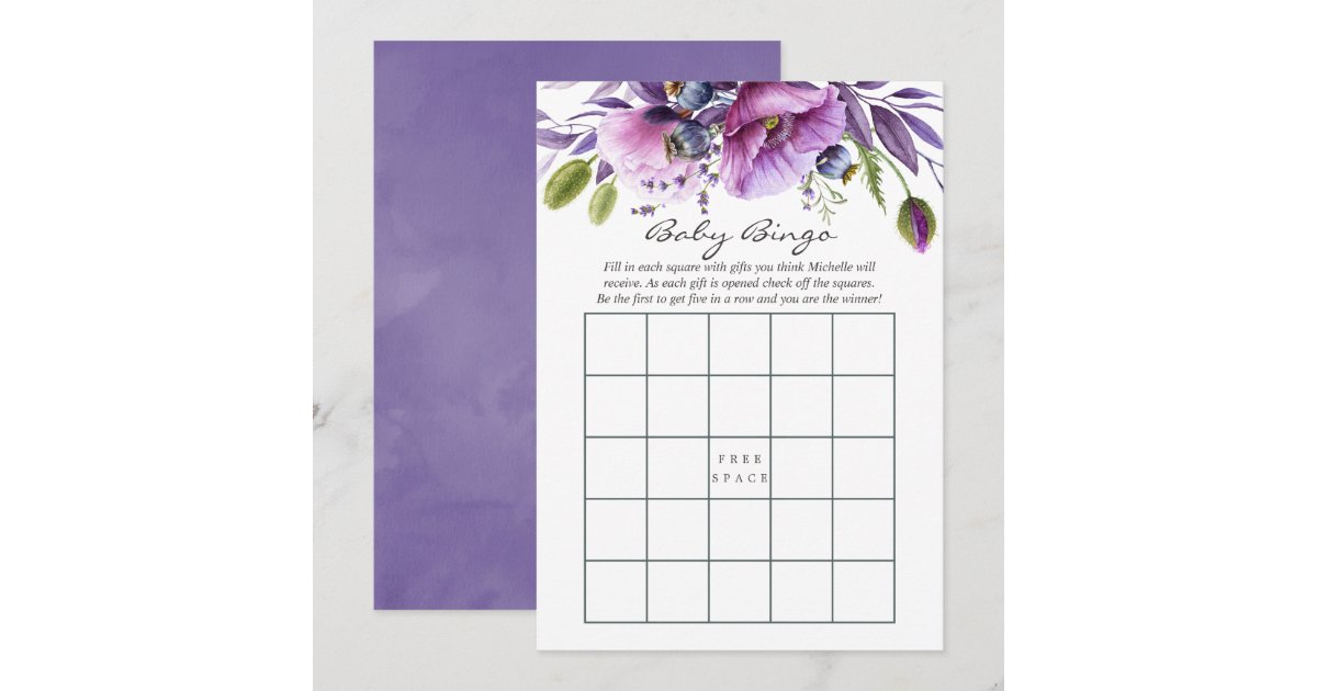 Watercolor Violet Poppy Floral Baby Shower Bingo Invitation | Zazzle