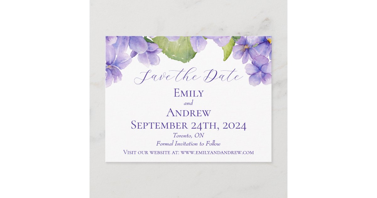 Watercolor Violets Save the Date Wedding Invitation Postcard | Zazzle