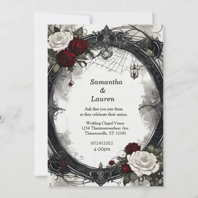 Watercolor Webbed Roses Framed Goth Wedding Invitation | Zazzle