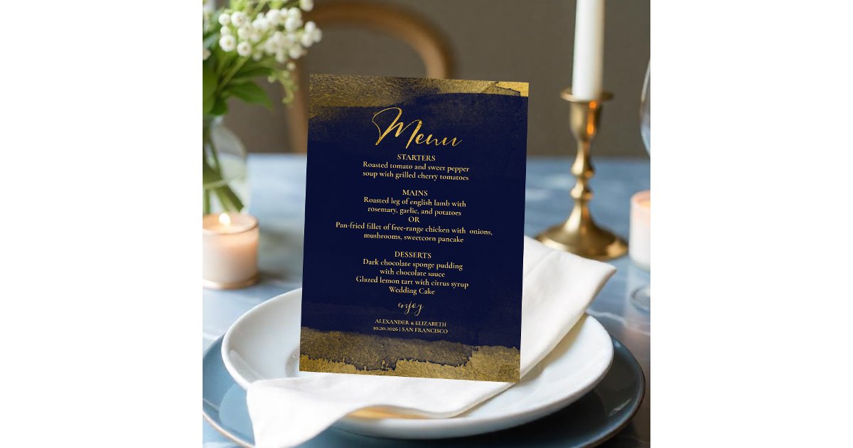 Watercolor Wedding Menus | Blue Abstract Gilded Invitation | Zazzle