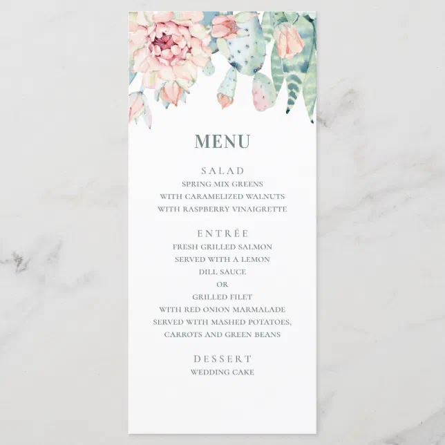 Watercolor wedding succulents. Pink floral cactus Menu | Zazzle