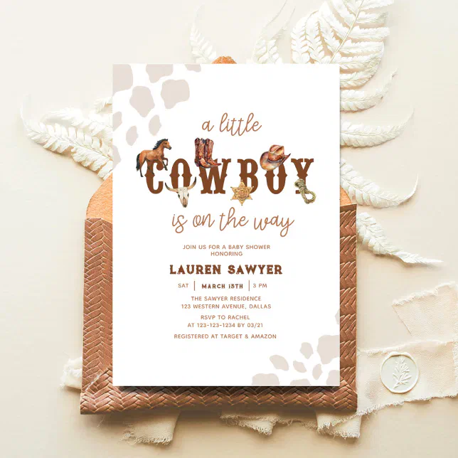 Watercolor Western Little Cowboy Baby Boy Shower Invitation | Zazzle