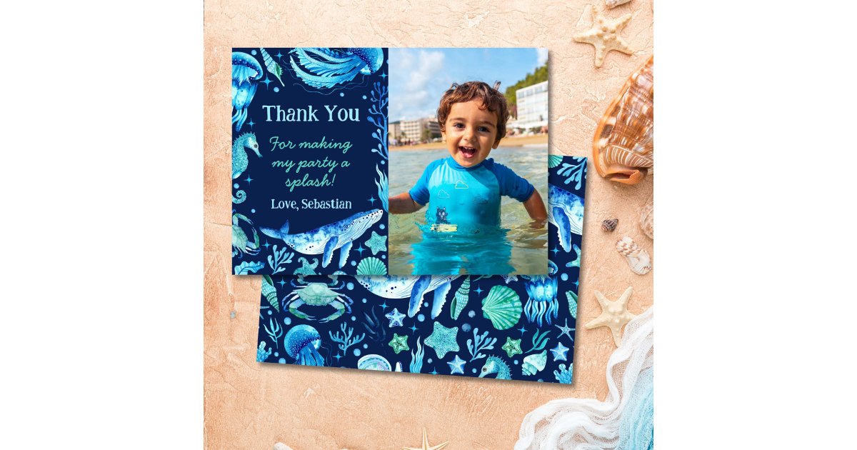 Watercolor Whale Under the Sea Creatures Photo Thank You Card | Zazzle