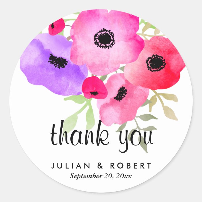 Watercolor Whimsical Flowers Wedding Thank You Classic Round Sticker