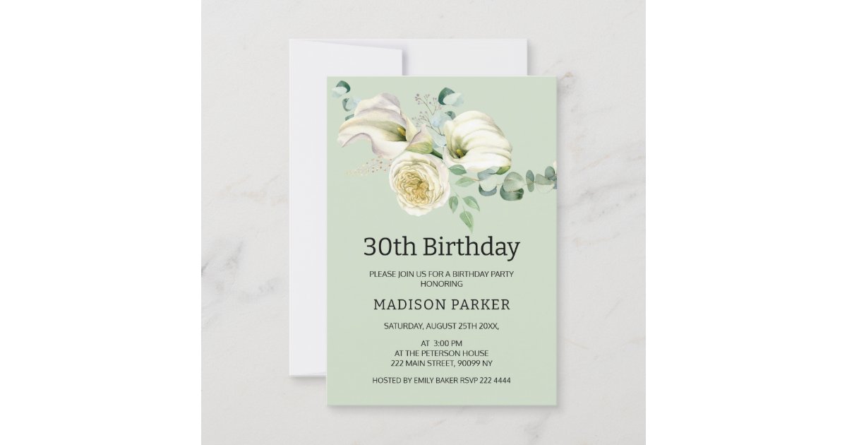 Watercolor White Calla Lilies Bouquet Birthday Invitation | Zazzle